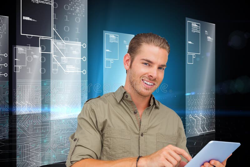 Happy man using tablet pc stock photo. Image of pane - 37151324