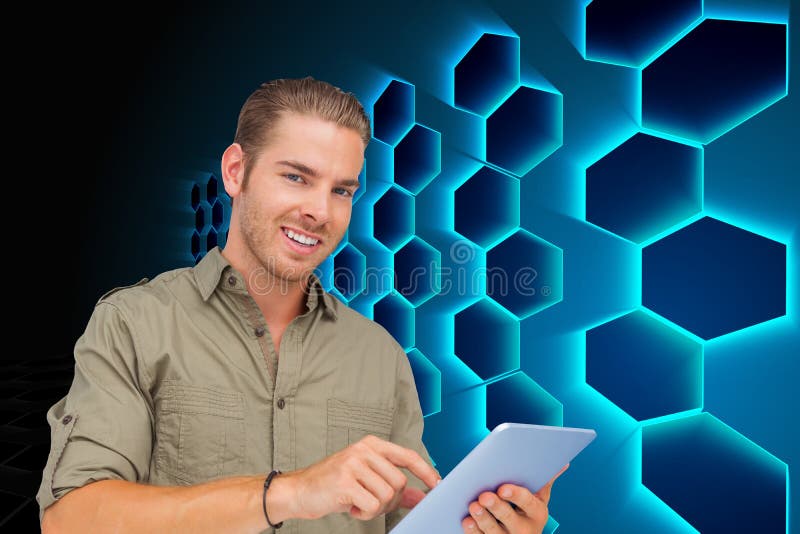 Happy man using tablet pc stock illustration. Illustration of digitally ...