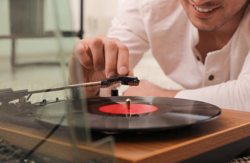 Happy Man Using Turntable at Home, Closeup Stock Image - Image of hobby ...
