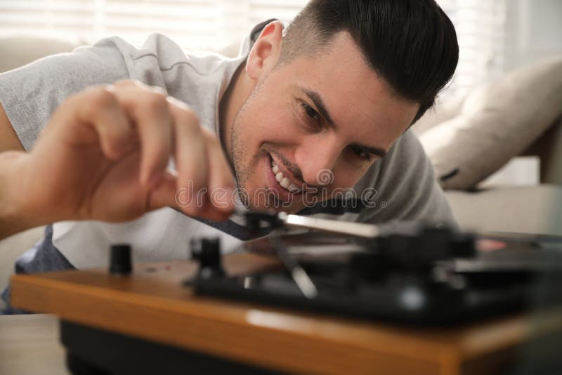 Happy Man Using Turntable at Home, Closeup Stock Photo - Image of home ...
