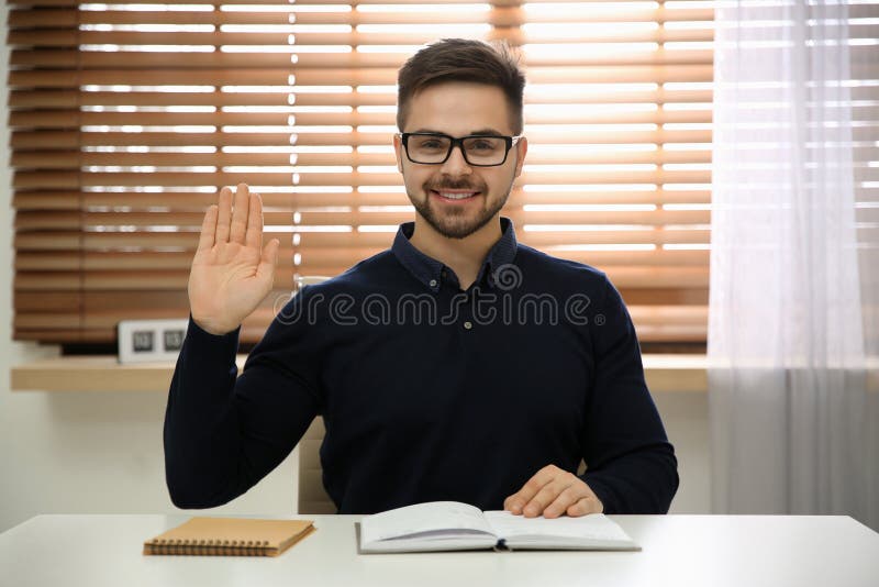 Happy Man Using Video Chat in Modern Office, View from Web Camera Stock ...