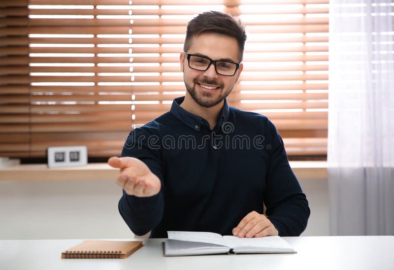 Happy Man Using Video Chat in Office, View from Web Camera Stock Image ...