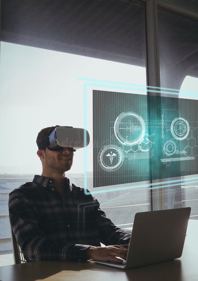 Man in VR Headset Looking at a 3D Sphere Interface Stock Photo - Image ...