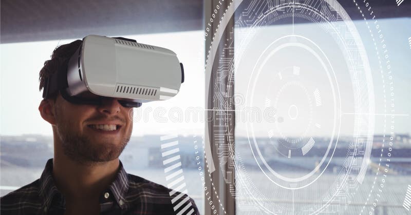 Man in VR Headset Looking at a 3D Sphere Interface Stock Photo - Image ...