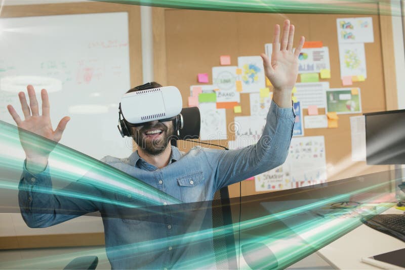 Man in VR Headset Looking at a 3D Sphere Interface Stock Photo - Image ...