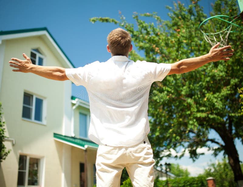 Happy Man Watching New House Stock Photo - Image of enjoying, back ...