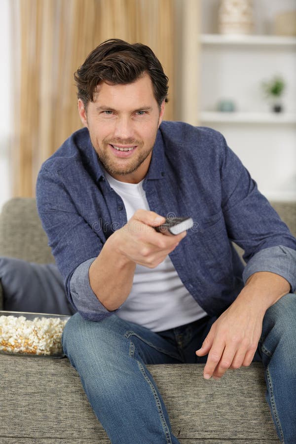 Happy Man Watching Tv at Home Stock Photo - Image of male, leisure ...