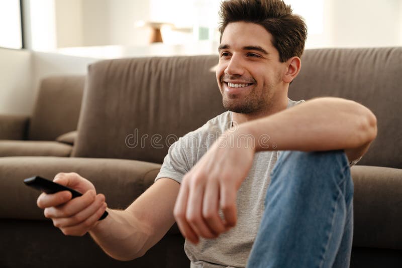 Happy Man Watching Tv at Home Stock Photo - Image of handsome, resting ...
