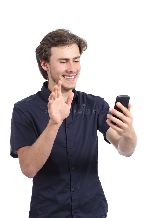Happy Man Waving To A Smart Phone Camera Stock Photo - Image of ...