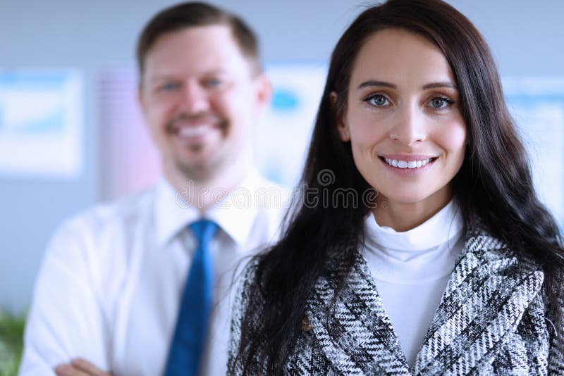Happy Man and Woman Office Workers Smiling at Work Stock Image - Image ...