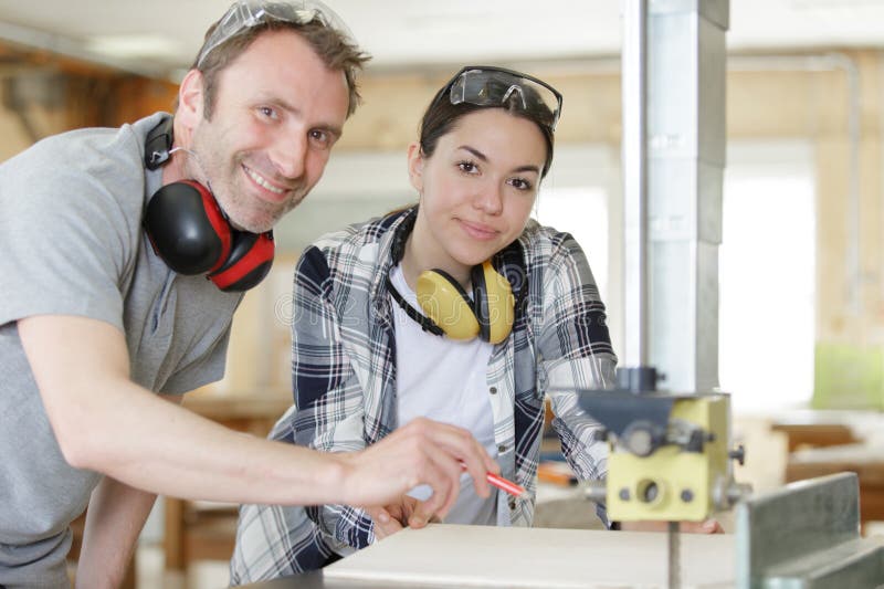 Happy Man and Woman in Wood Workshop Stock Image - Image of renovation ...
