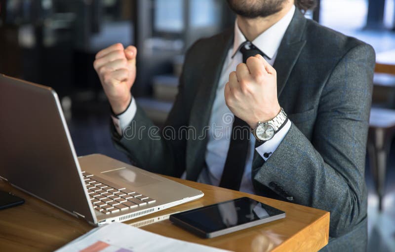 Happy Man Working in Computer in Cafe Stock Photo - Image of work ...