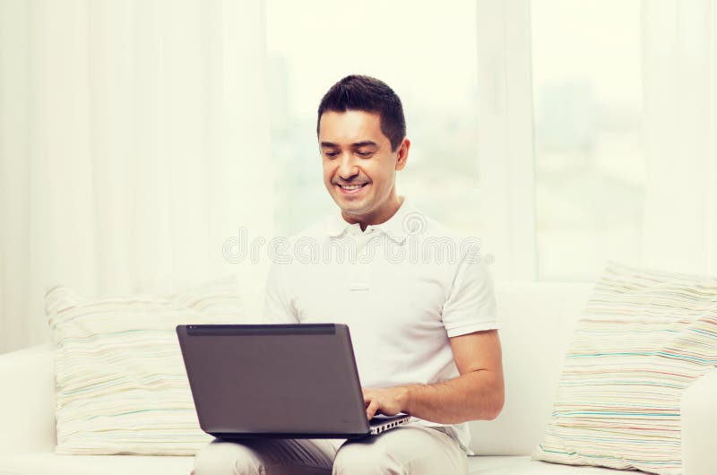 Happy Man Working with Laptop Computer at Home Stock Photo - Image of ...