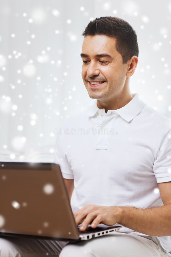Happy Man Working with Laptop Computer at Home Stock Photo - Image of ...