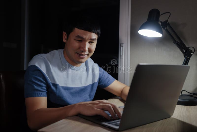Happy Man Working with Laptop at Night Stock Photo - Image of house ...