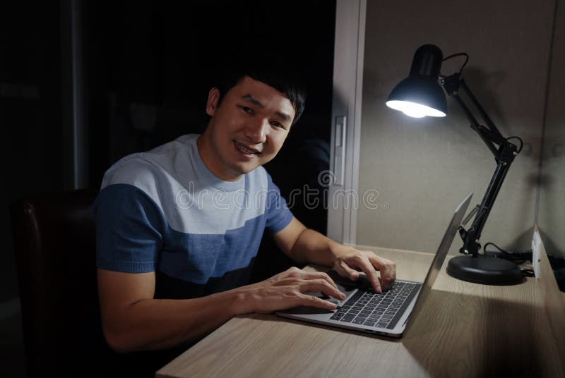 Happy Man Working with Laptop at Night Stock Image - Image of adult ...