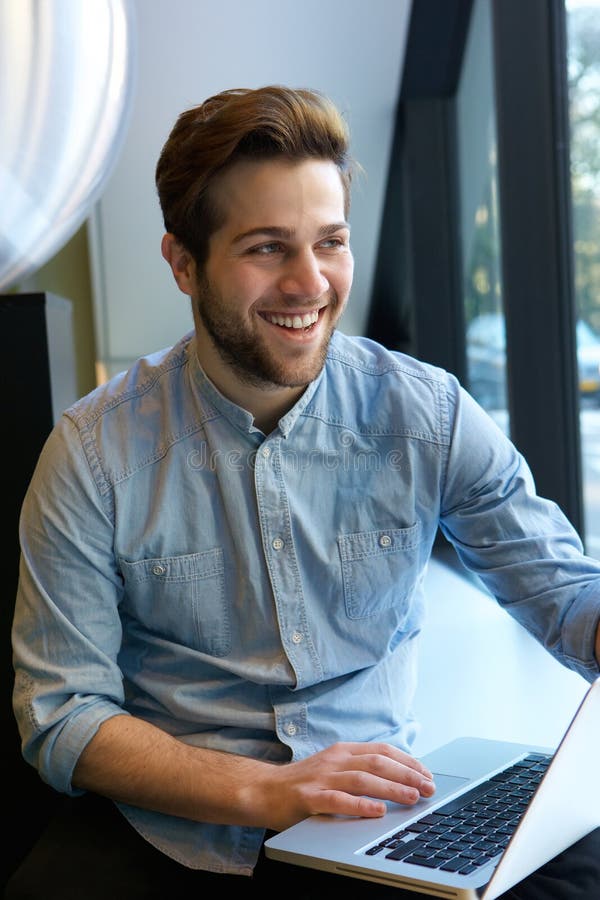 Happy Man Working with Laptop Stock Image - Image of adult, cheerful ...