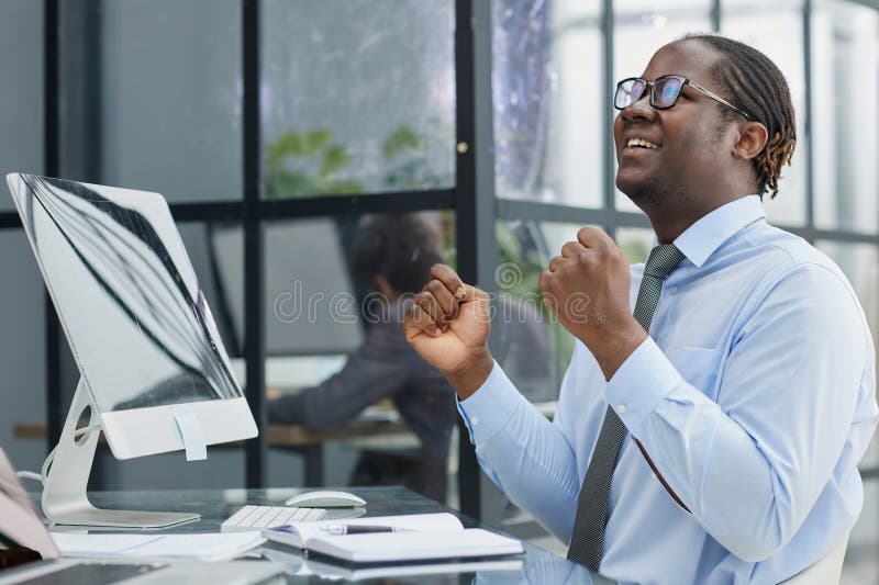 Happy Man Working in the Office. Raised His Hands Joyfully Stock Image ...
