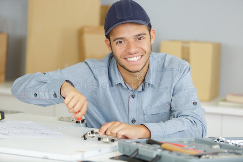 Happy Man Works As Technician Stock Image - Image of current ...