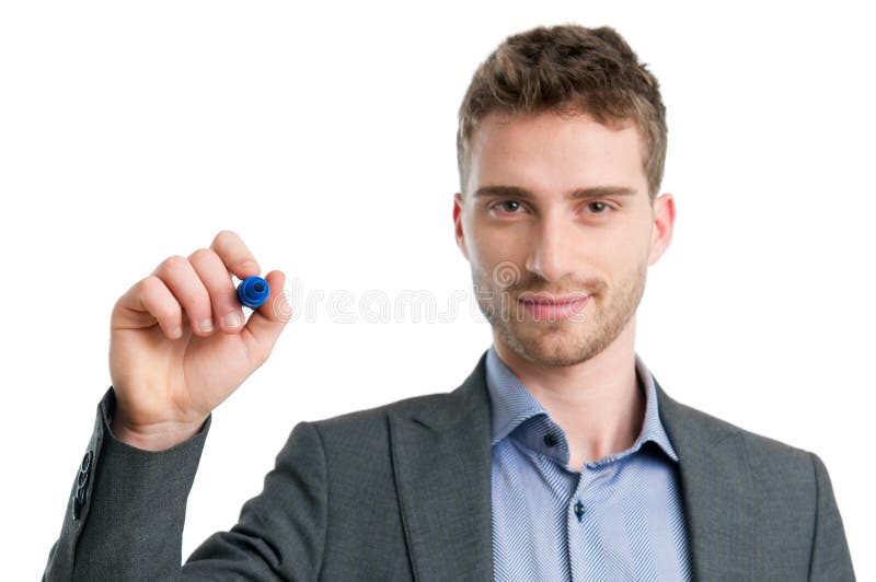 Happy Man Writing Your Text Stock Photo - Image of camera ...