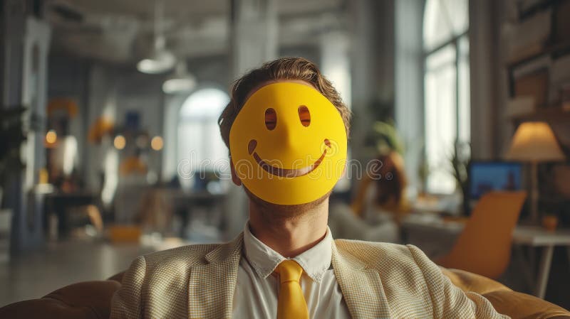 Happy Man in Yellow Mask in Office Setting Stock Image - Image of light ...