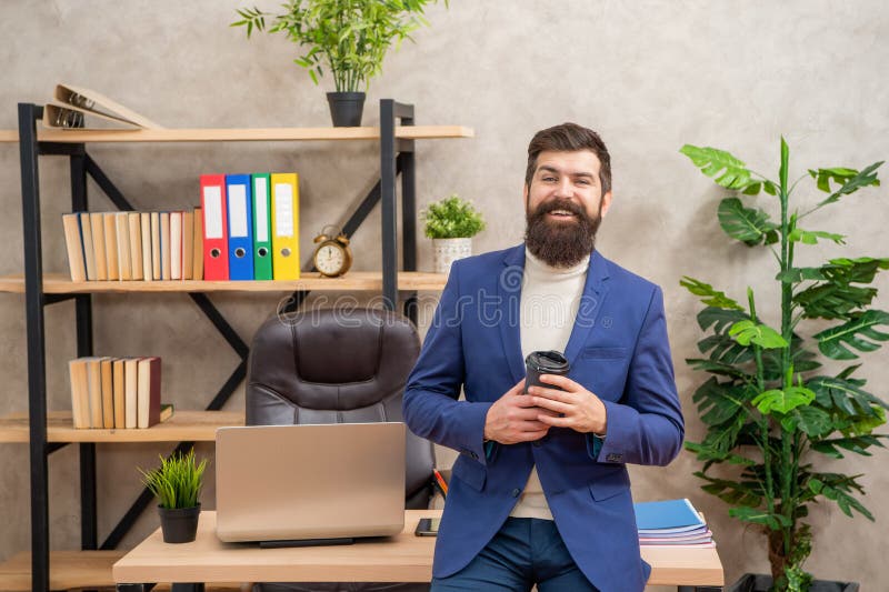 Happy Manager Hold Takeaway Cup Working in Office, Break Stock Photo ...