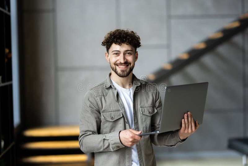 Happy Manager Ready for Work from Home on His Laptop Stock Image ...