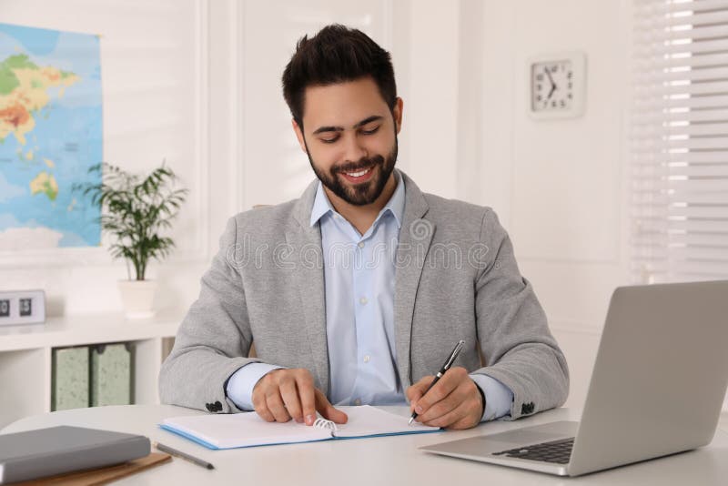 Happy Manager Working at Desk in Agency Stock Photo - Image of ...