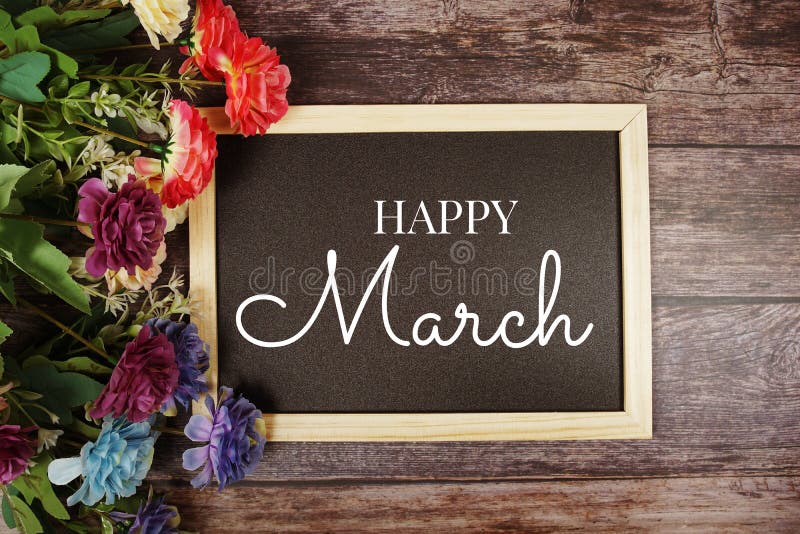 Happy March with Flowers Decoration on Wooden Background Stock Photo ...