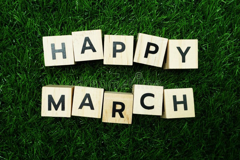 Happy March Alphabet Letters Flat Lay on Green Grass Background Stock ...