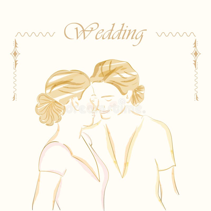 Happy Married Lesbian Couple Outline Pastry Marriage Template Vector