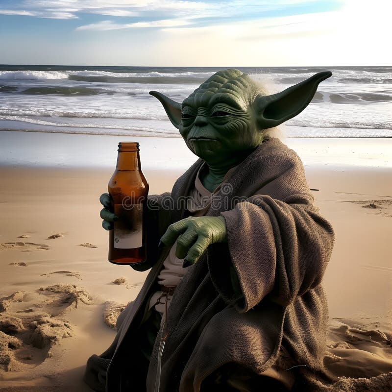 Happy Master Yoda from Star Wars Relaxed Chilling and Drinking Beer on ...