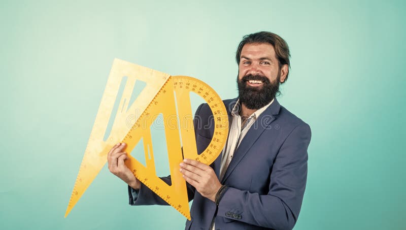 Happy Math Teacher Use Protractor and Triangle Tool, School Education ...