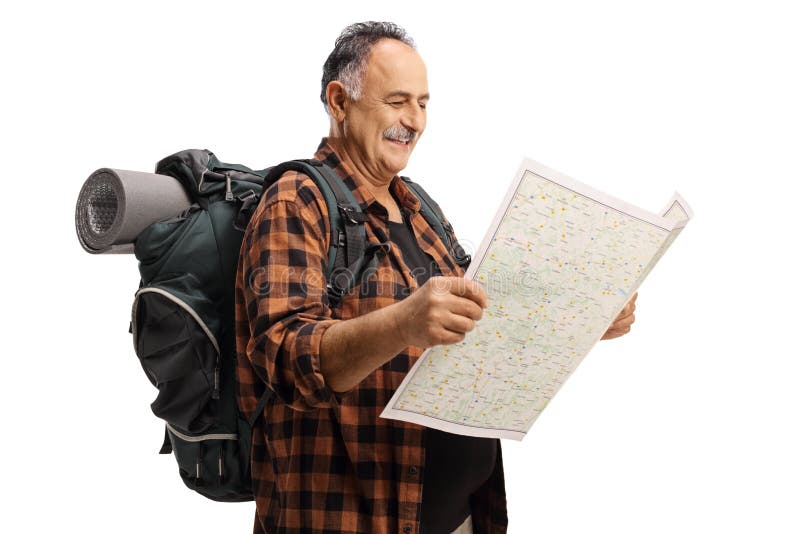 Happy Mature Hiker Looking at a Map and Smiling Stock Photo - Image of ...