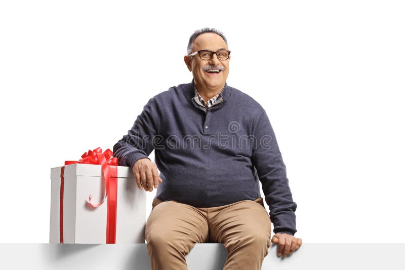 Happy Mature Man Gift Box Sitting Panel Stock Photos - Free & Royalty ...