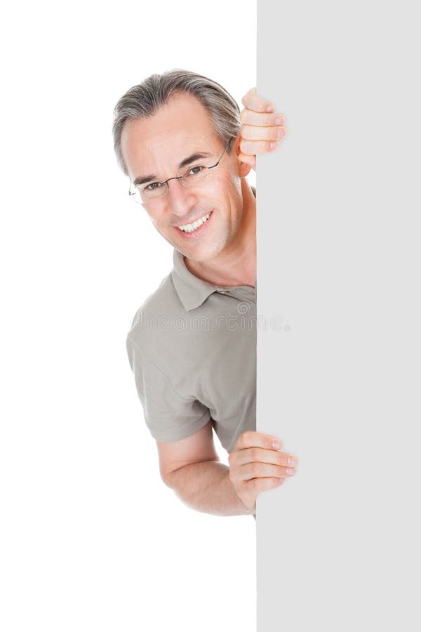 Happy Mature Man Standing Behind Placard Stock Image - Image of alone ...