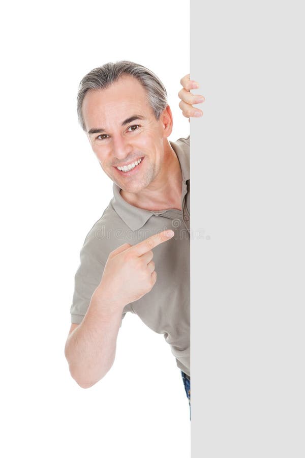 Happy Mature Man Standing Behind Placard Stock Photo - Image of concept ...