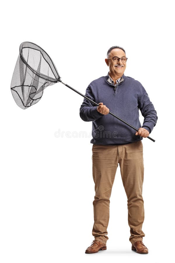 Happy Mature Man Standing with a Catching Net Stock Image - Image of ...