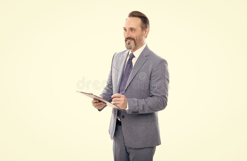 Happy Man Making Notes or Signing Contract on Folder Documents Isolated ...