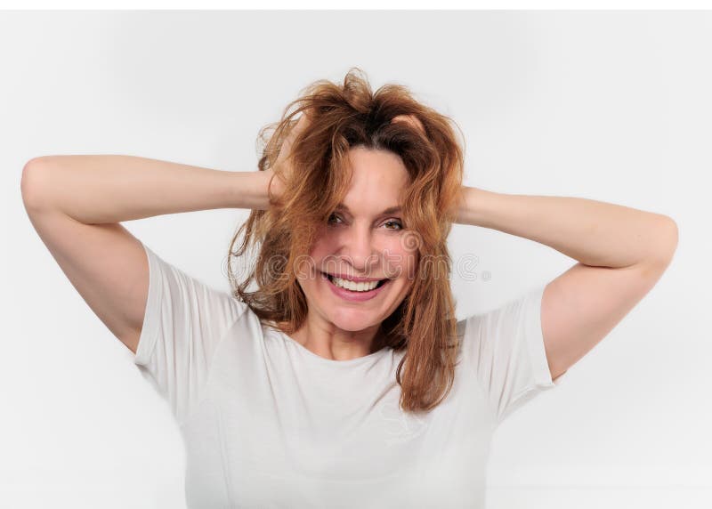 Happy Mature Woman Laughing Standing Isolated On White Background