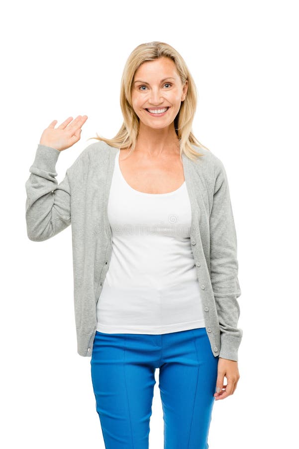 Happy Mature Woman Waving Isolated On White Background Royalty Free