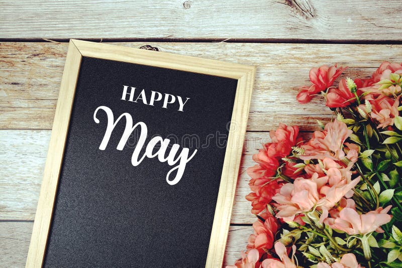Happy May Text on Blackboard with Flower Bouquet Decoration Stock ...
