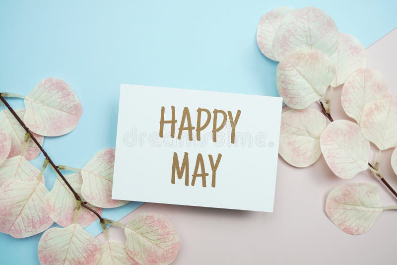 Happy May Text Message with Artificial Leave on Blue and Pink ...