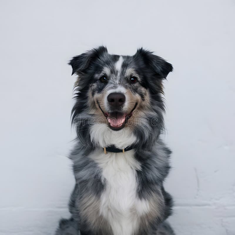 A Happy Merle Dog with Unique Fur Pattern Against Plain White Backdrop ...