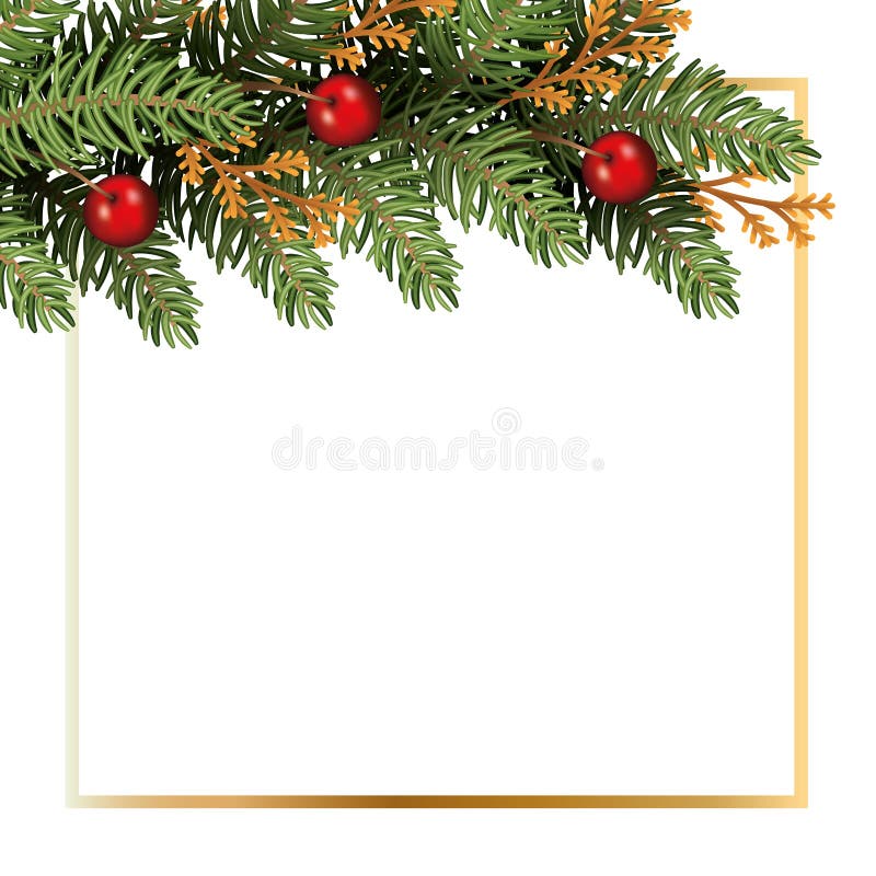 Happy Merry Christmas Tree Branches and Cherries Frame Stock Vector ...