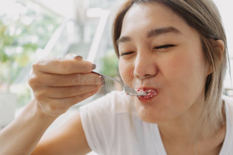 Happy Messy Mouth Woman Eating Cake In The Cafe Stock Image Image Of