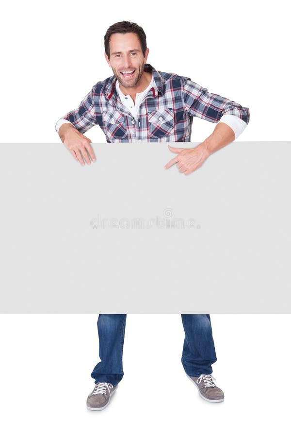 Happy Middle Age Man Presenting Empty Banner Stock Photo - Image of ...