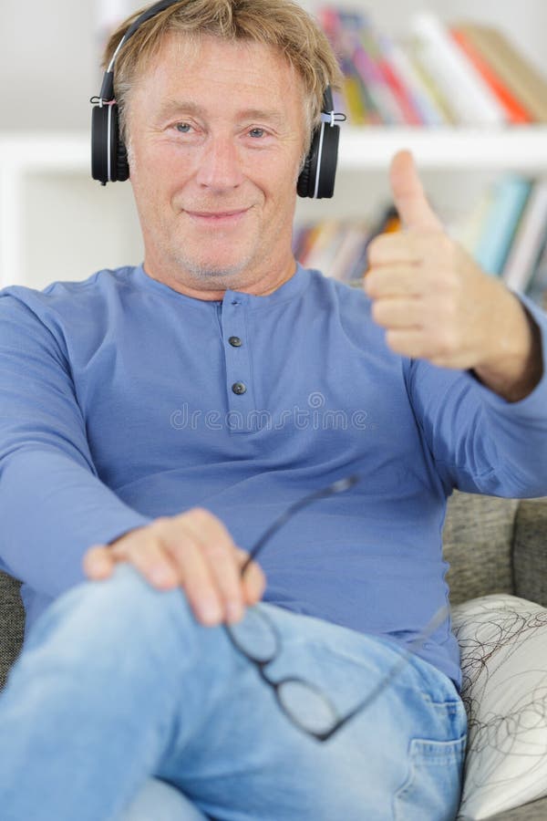 Happy Middle Age Man Showing Finger Up Stock Image - Image of show ...