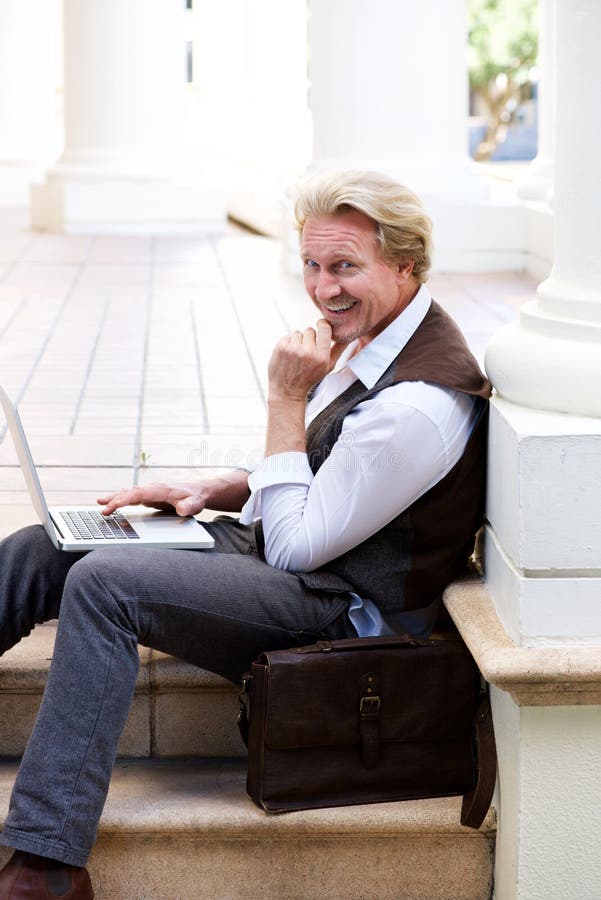 Happy Middle Aged Man Sitting Outdoors Steps Laptop Stock Photos - Free ...