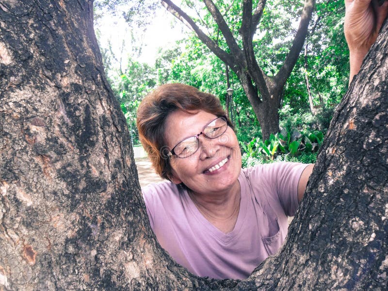 Happy Middle Aged Woman Peeking Tree Stock Photos - Free & Royalty-Free ...